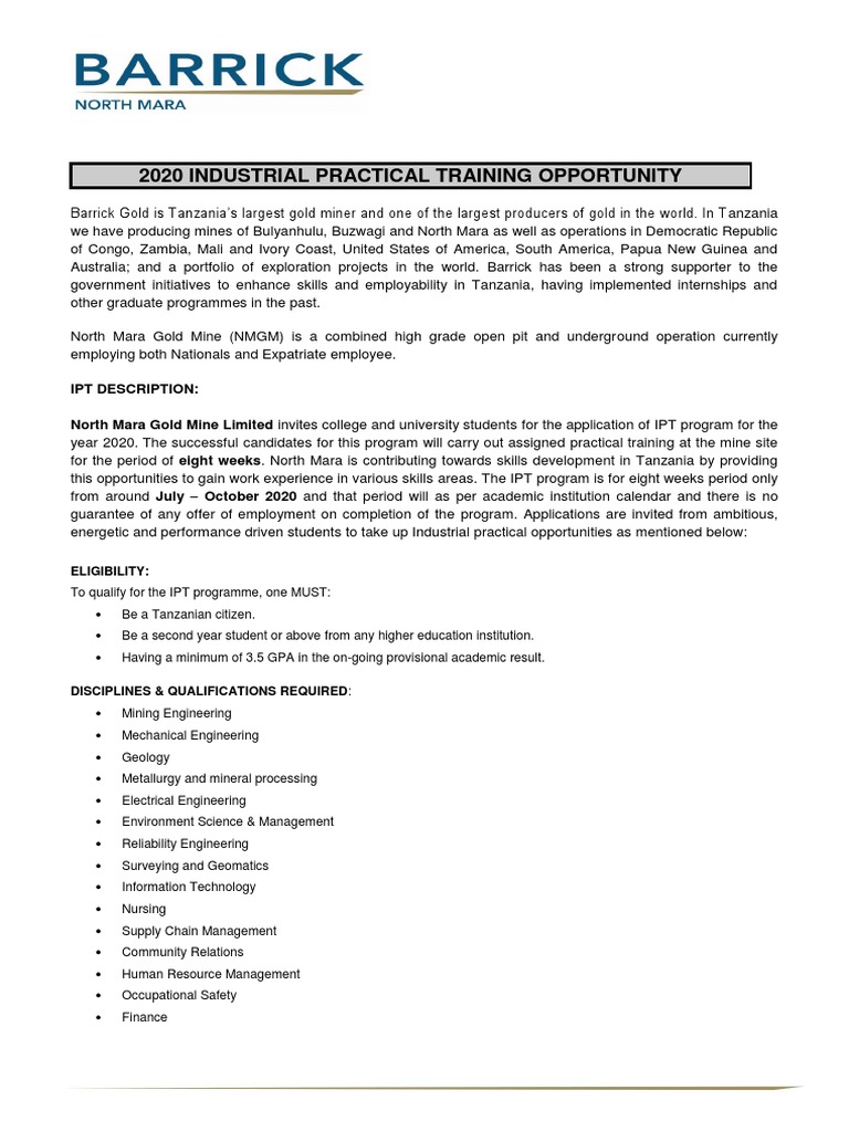 Advert - Industrial Practical Training | PDF | Tanzania | Mining