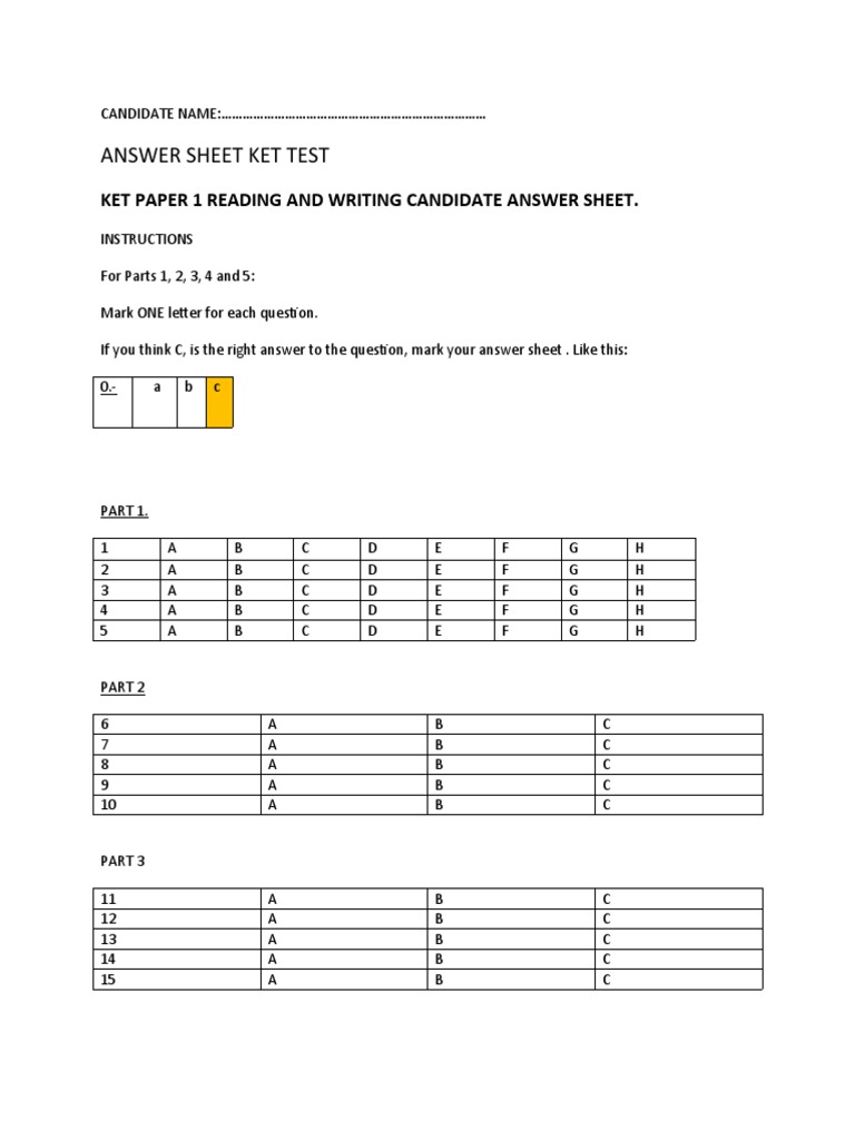 Ket Paper 1 Reading and Writing Candidate Answer Sheet | PDF | Learning ...