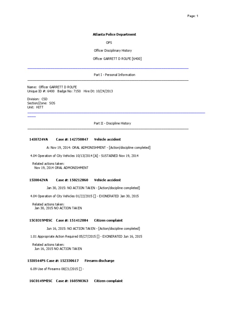 Disciplinary History - OfC Garrett Rolfe | PDF | Violence