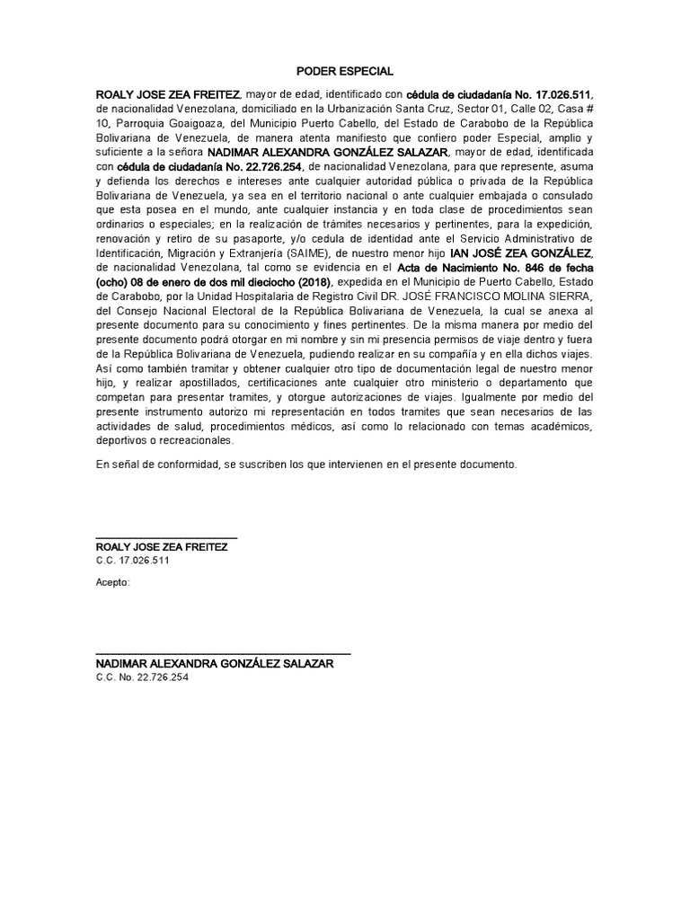 Permiso para Salir Del País - Nadimar Alexandra Gonzalez Salazar | PDF ...