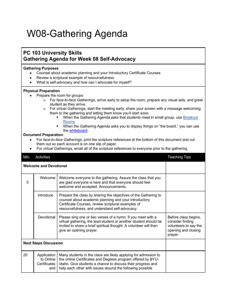 W08-Gathering Agenda: PC 103 University Skills Gathering Agenda For ...