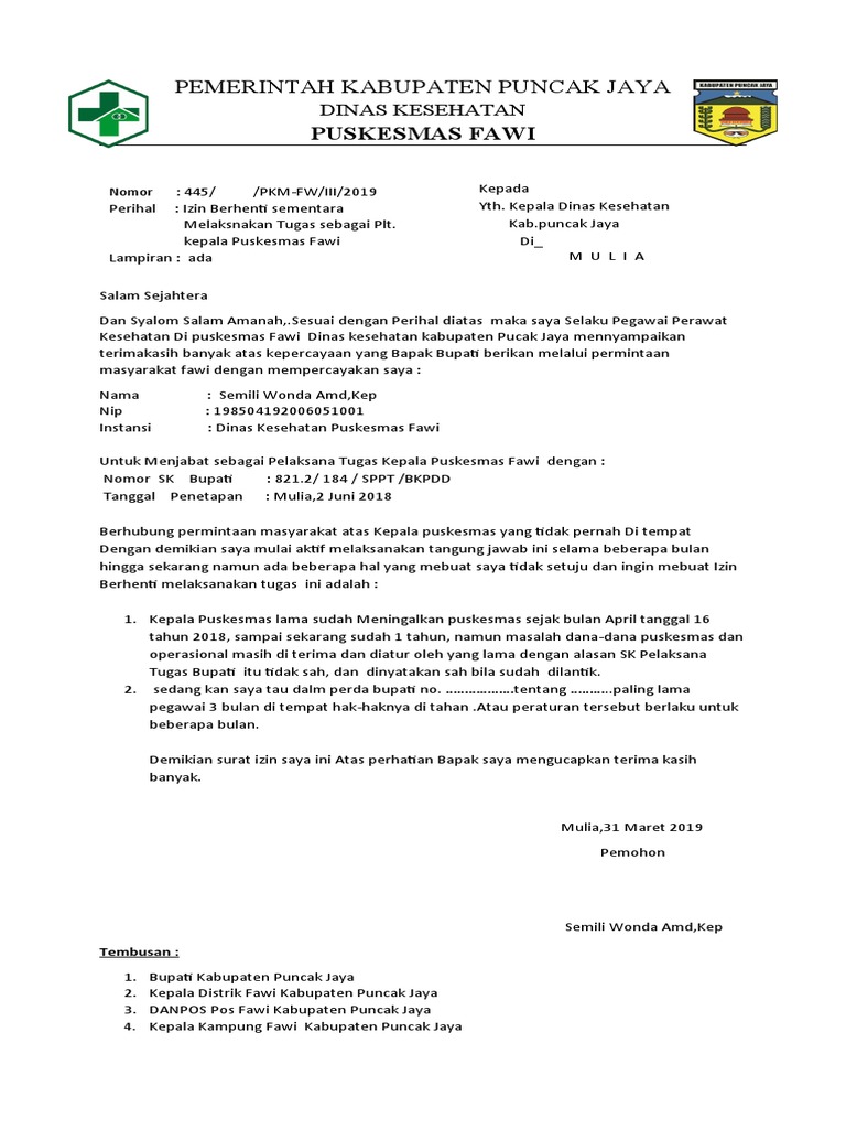 Izin Berhenti Plt. Kepala Puskesmas Fawi | PDF
