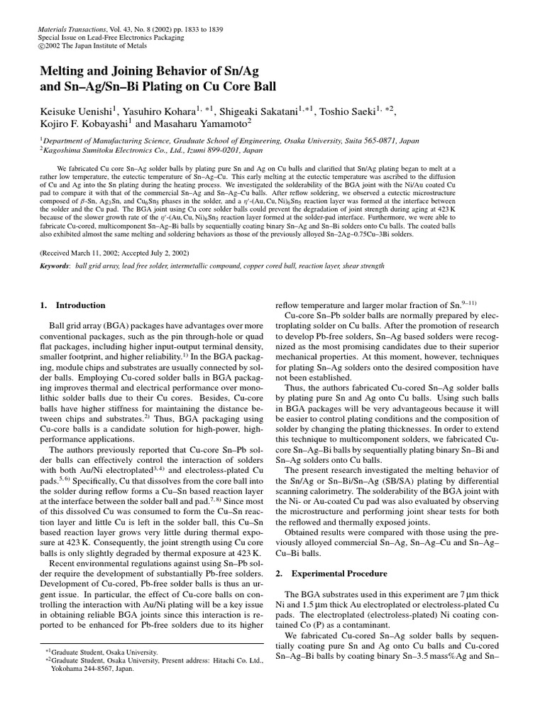 Melting and Joining Behavior of Sn/Ag and Sn-Ag/Sn-Bi Plating On Cu ...