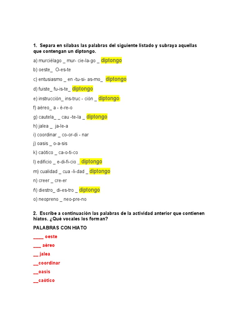 Actividades Sobre Acentuación de Diptongos, Triptongos e Hiatos. | PDF ...