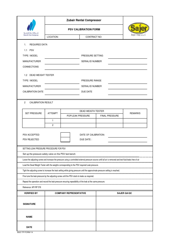 PSV For Testing Calibration Form (Empty) | PDF | Leak | Calibration