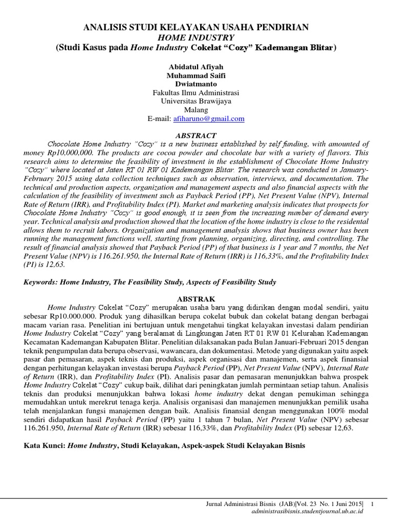 Analisis Studi Kelayakan Usaha Pendirian (Studi Kasus Pada Home Industry &RNHODW &R ...