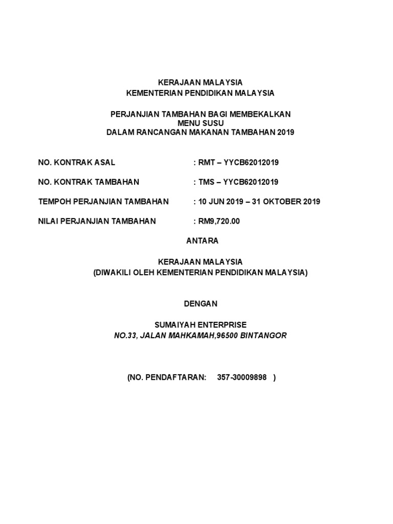 Perjanjiian Tambahan Susu RMT 2019 | PDF