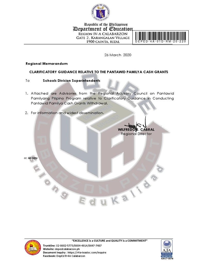 Pantawid Pamilya Cash Grant Clarificatory | PDF