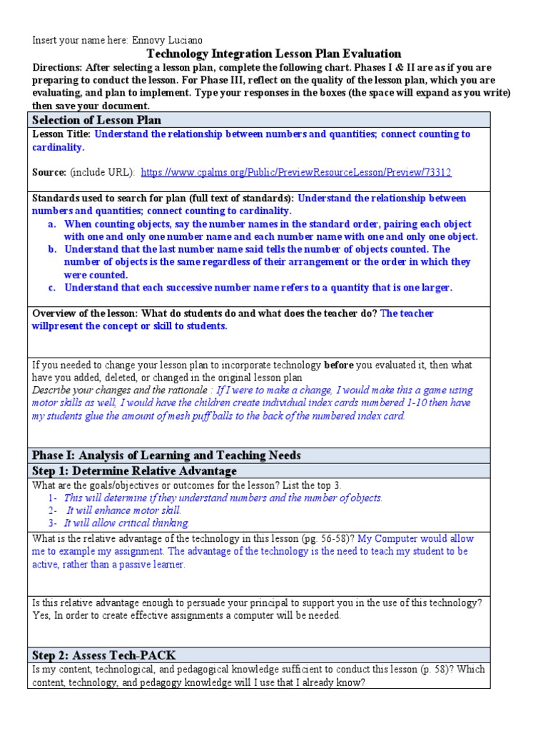 Technology Integration Lesson Plan Evaluation: Describe Your Changes and The Rationale | PDF ...