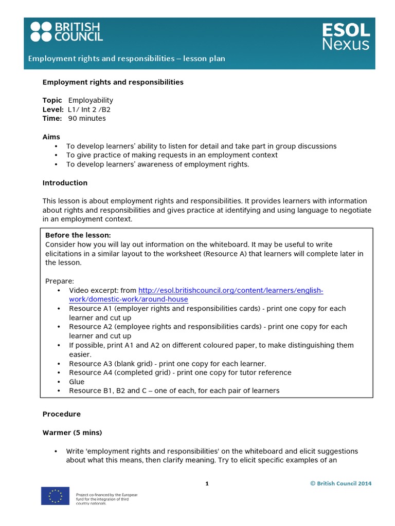 Employment Rights and Responsibilities - Lesson Plan | PDF | Domestic ...