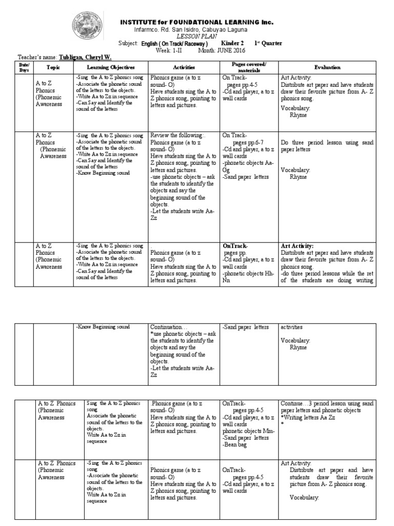 Raceway Lesson Plan 2016 1stQ | PDF | Phonics | Consonant