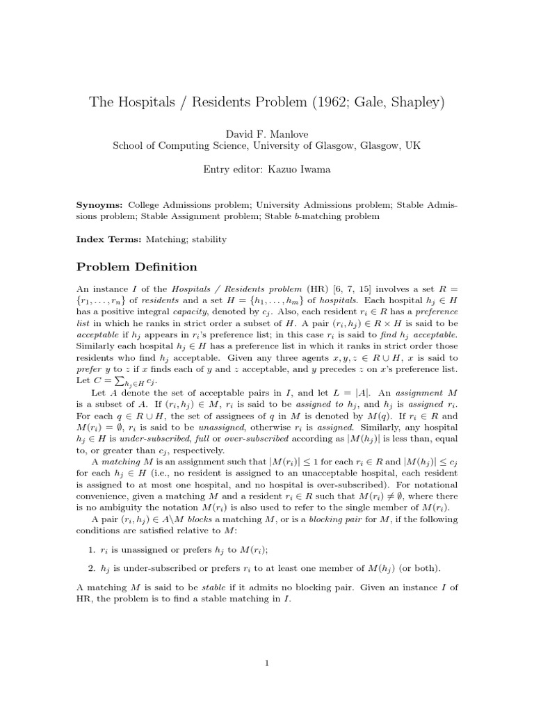 The Hospitals / Residents Problem (1962 Gale, Shapley) | PDF | Theoretical Computer Science ...