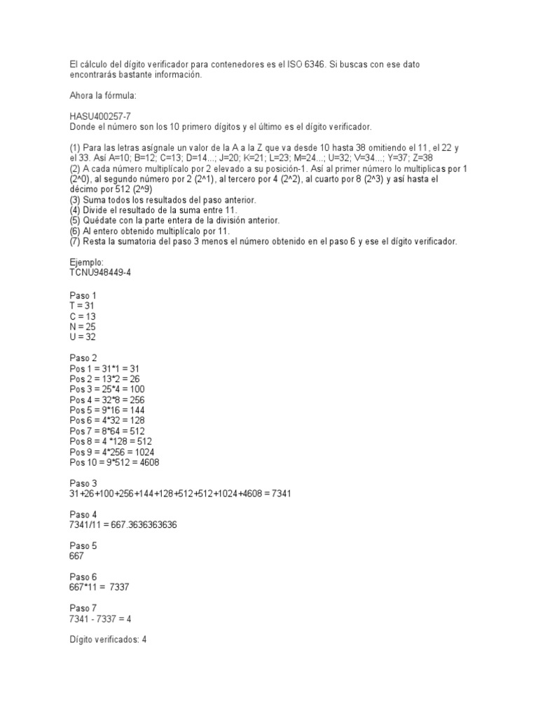 Cálculo del Dígito Verificador ISO 6346 | PDF | Métodos y materiales de ...