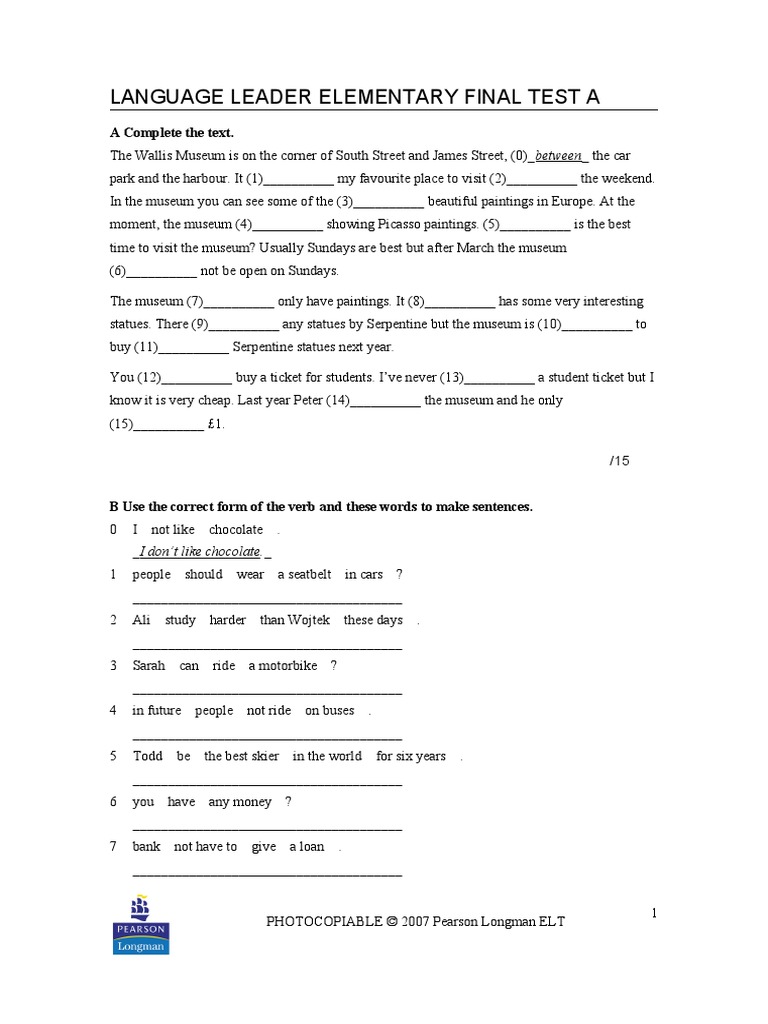 Language Leader Elementary Final Test A: A Complete The Text | PDF