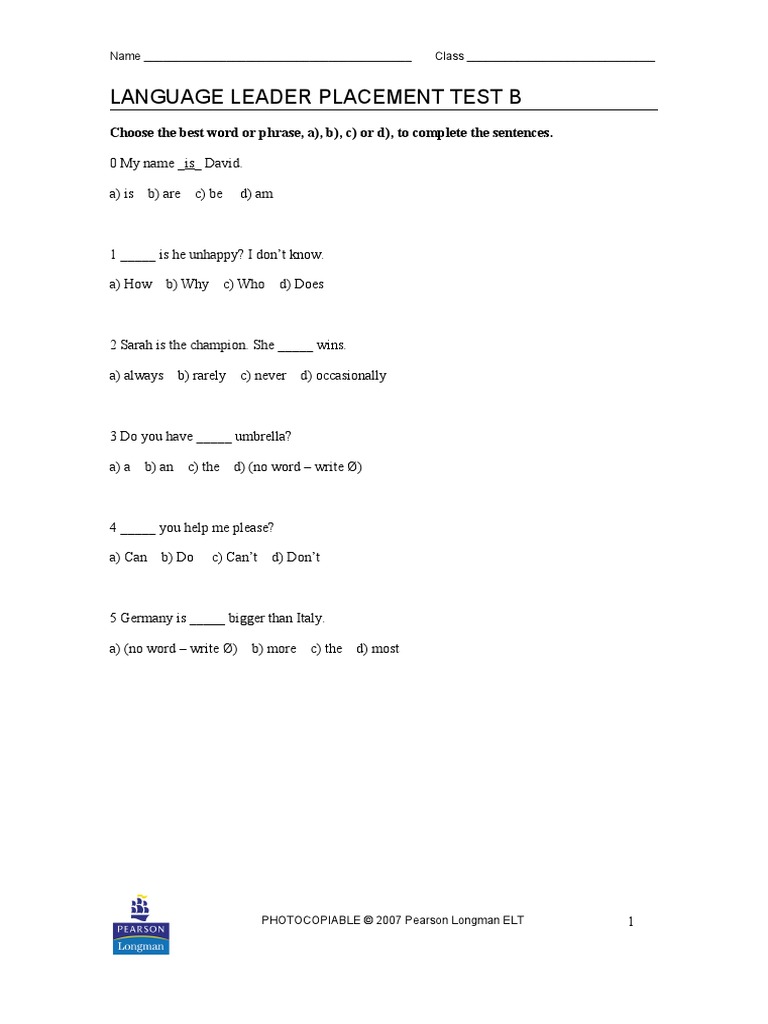 Language Leader Placement Test B: Choose The Best Word or Phrase, A), B ...