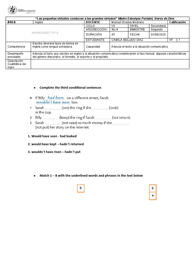 Complete The Third Conditional Sentences: Worksheet N°19 | PDF