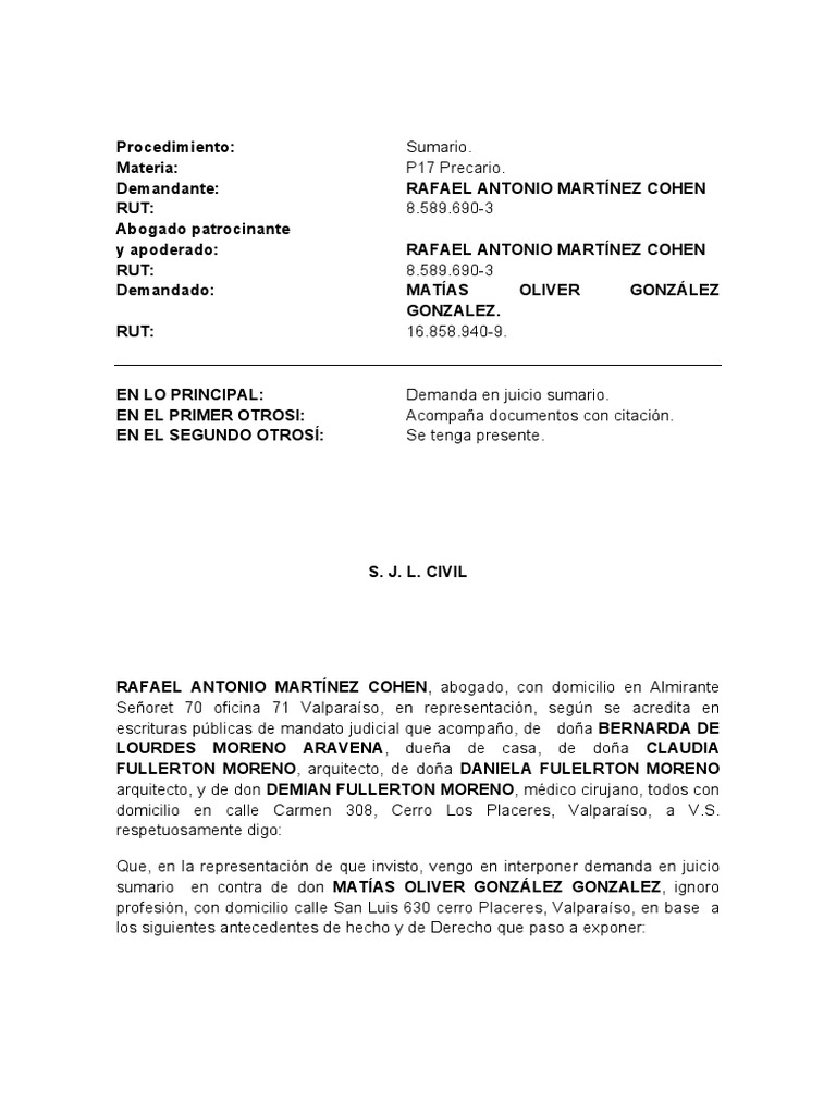 Modelo de Demanda de Juicio Sumario Precario | PDF | Gobierno | Justicia