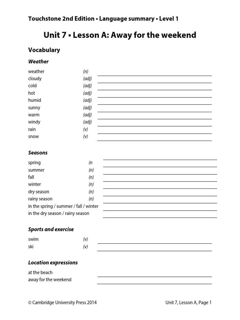 Unit 7 - Lesson A: Away For The Weekend: Touchstone 2nd Edition - Language Summary - Level 1 ...