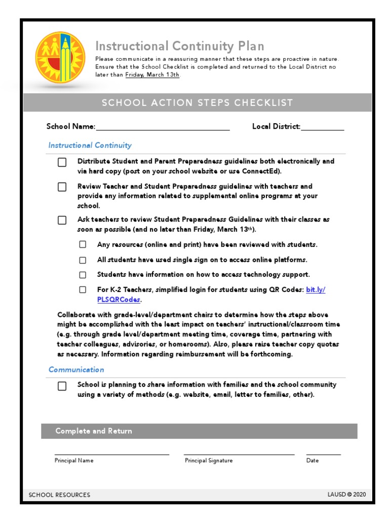 Instructional Continuity Plan: School Action Steps Checklist | PDF