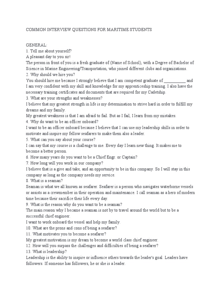 Common Interview Questions for Maritime Students | PDF | Sailor ...