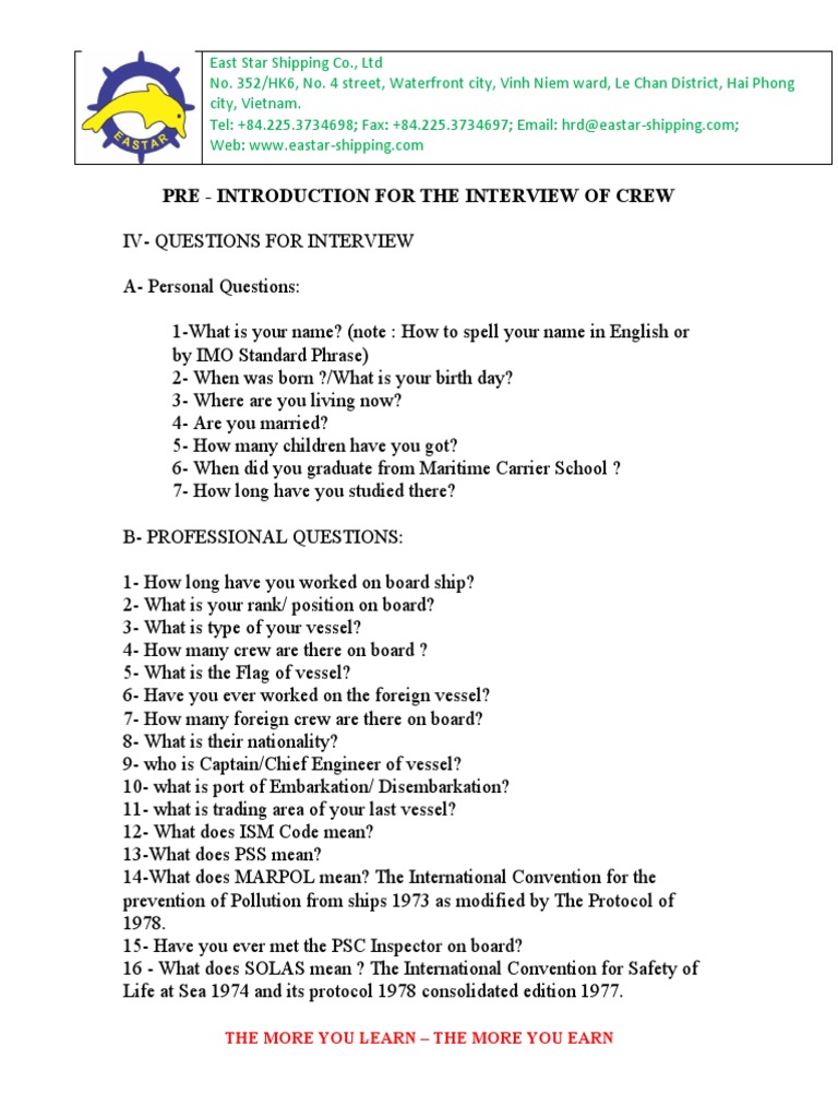 East Star Shipping Co Interview Questions | PDF | Shipping | Water ...