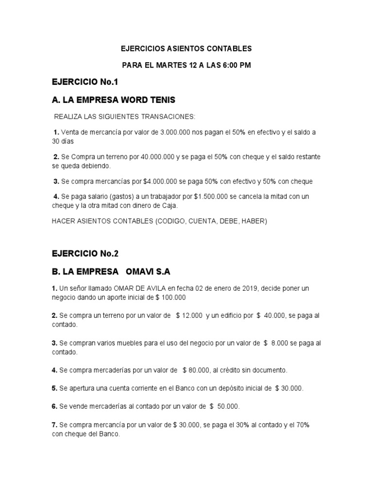 Ejercicios Asientos Contables Admon 2020. | PDF | Cheque | Bancos