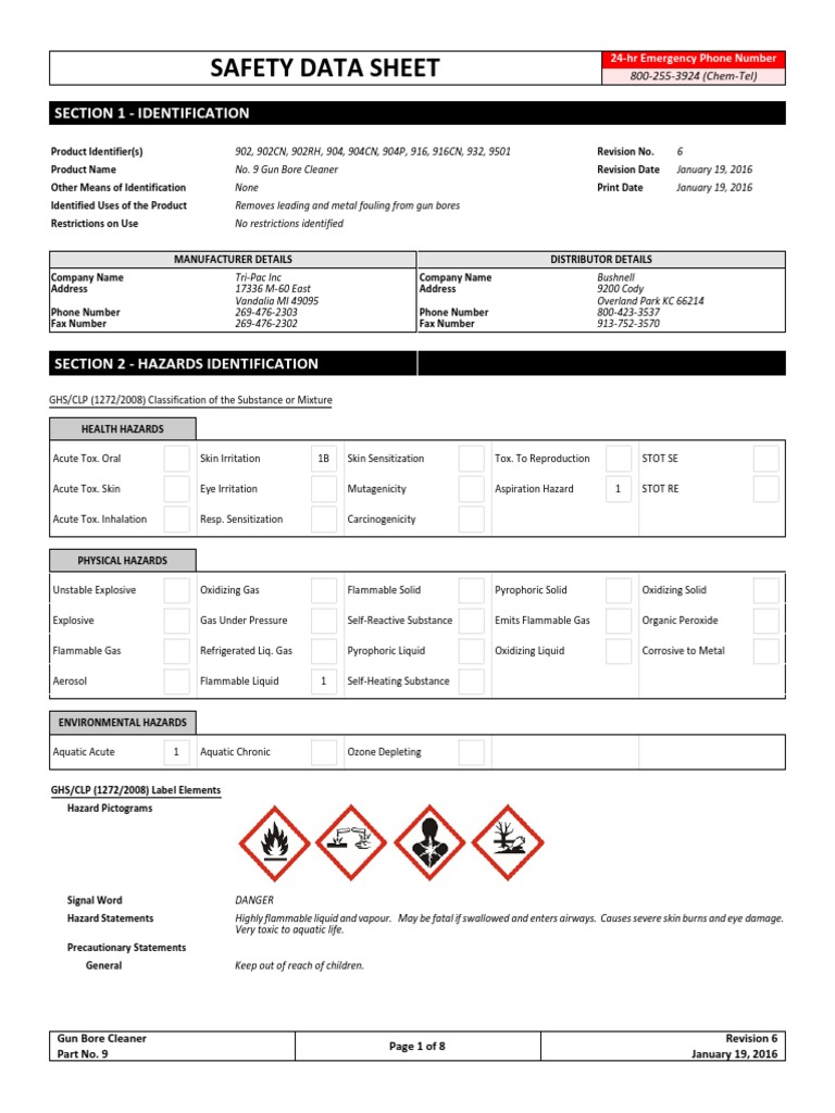 MSDS Gun Bore Cleaner | PDF | Magnesium | Dangerous Goods