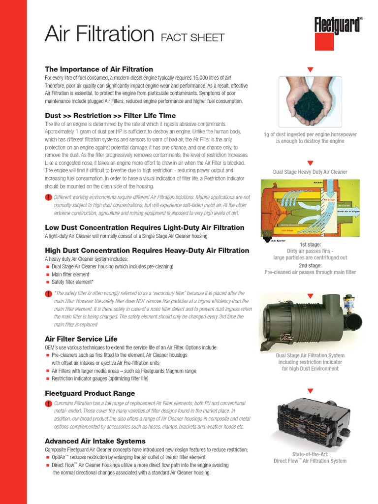 Fleetguard Air Filter Fact Sheet | PDF | Engines | Dust