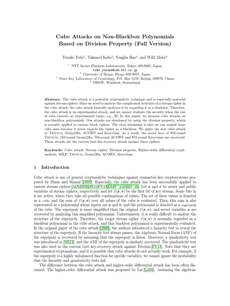 Todo Et Al. - 2018 - Cube Attacks On Non-Blackbox Polynomials Based On Division Property ...