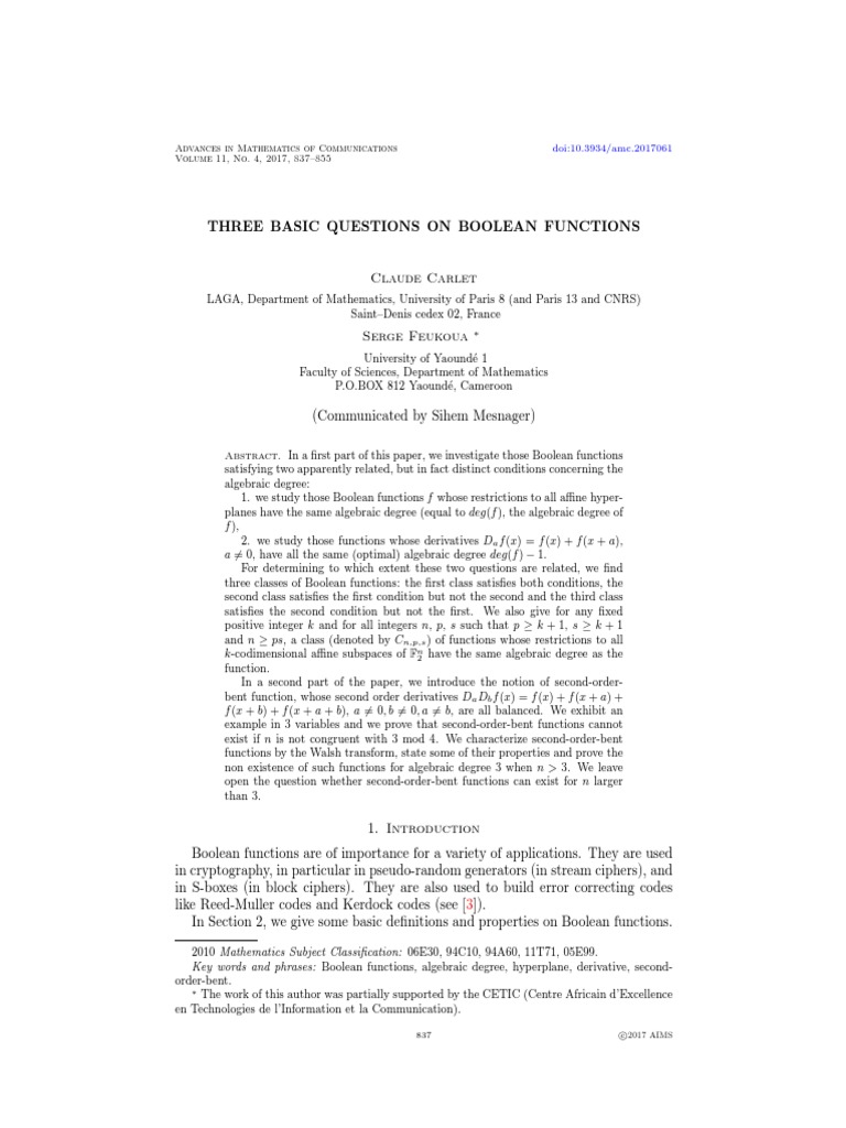 Carlet Feukoua 2017 Three Basic Questions On Boolean Functions Annotated Pdf Boolean