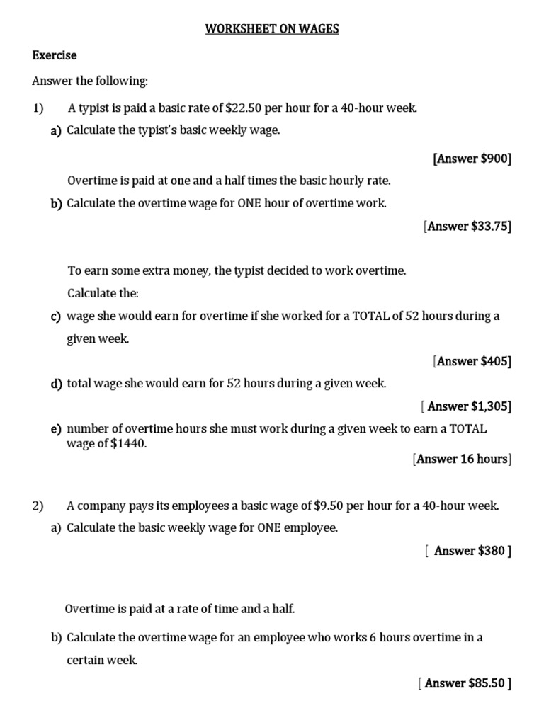 Worksheet On Wages | PDF | Overtime | Working Time