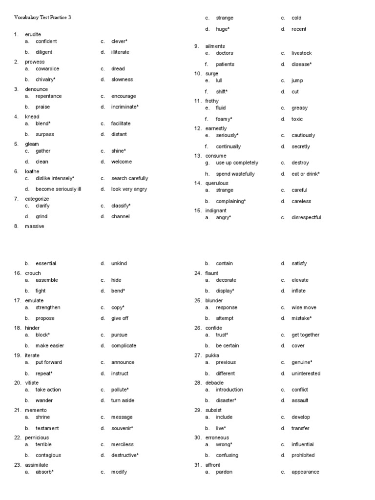 Vocabulary Practice Test 3 Answer Key | PDF