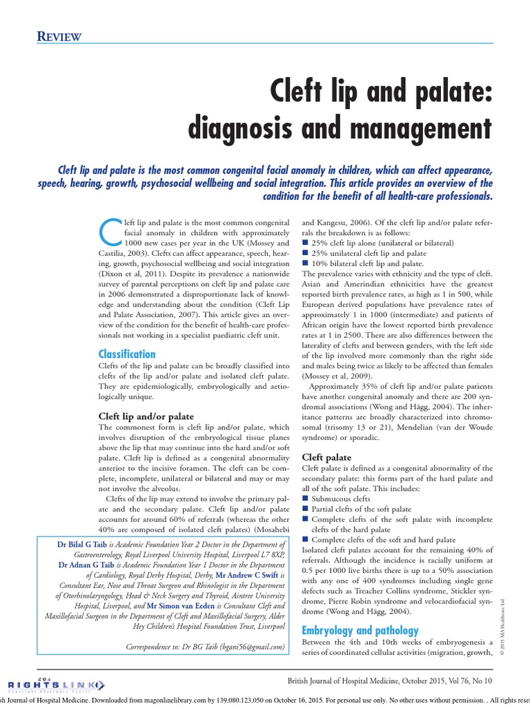 Cleft Lip and Palate: Diagnosis and Management: Eview | PDF | Human Nose | Human Tooth