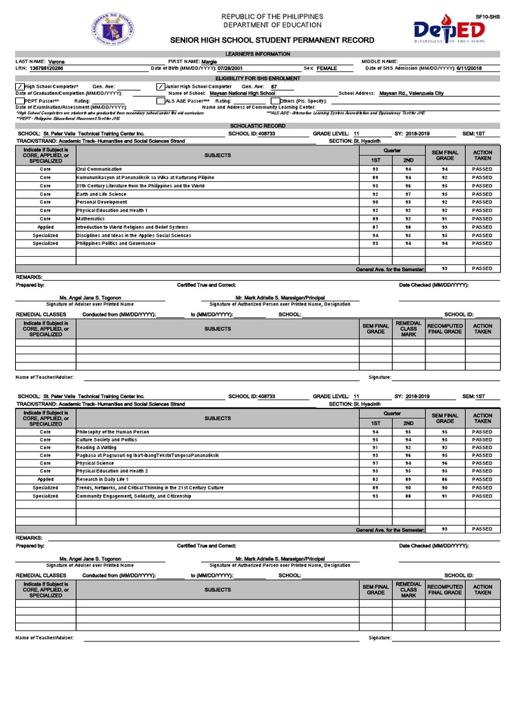 Senior High School Student Permanent Record: Republic of The ...