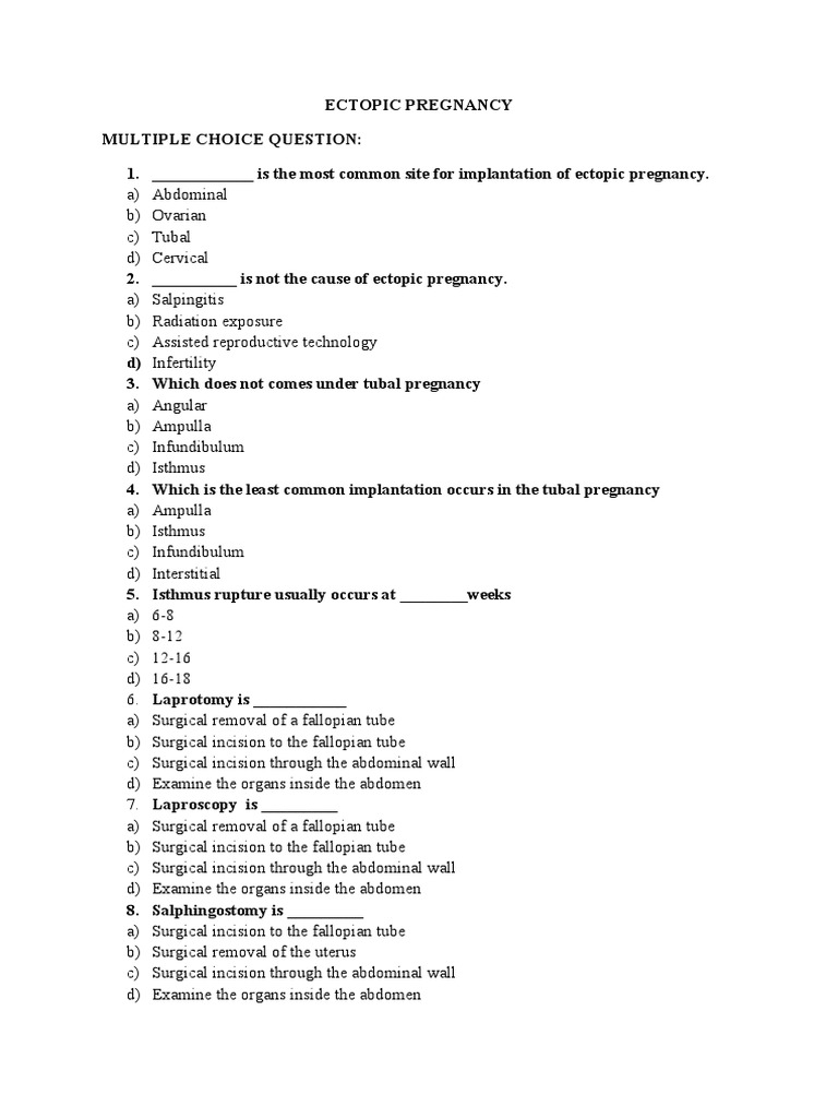 Ectopic Pregnancy MCQs and Answers | PDF | Science & Mathematics