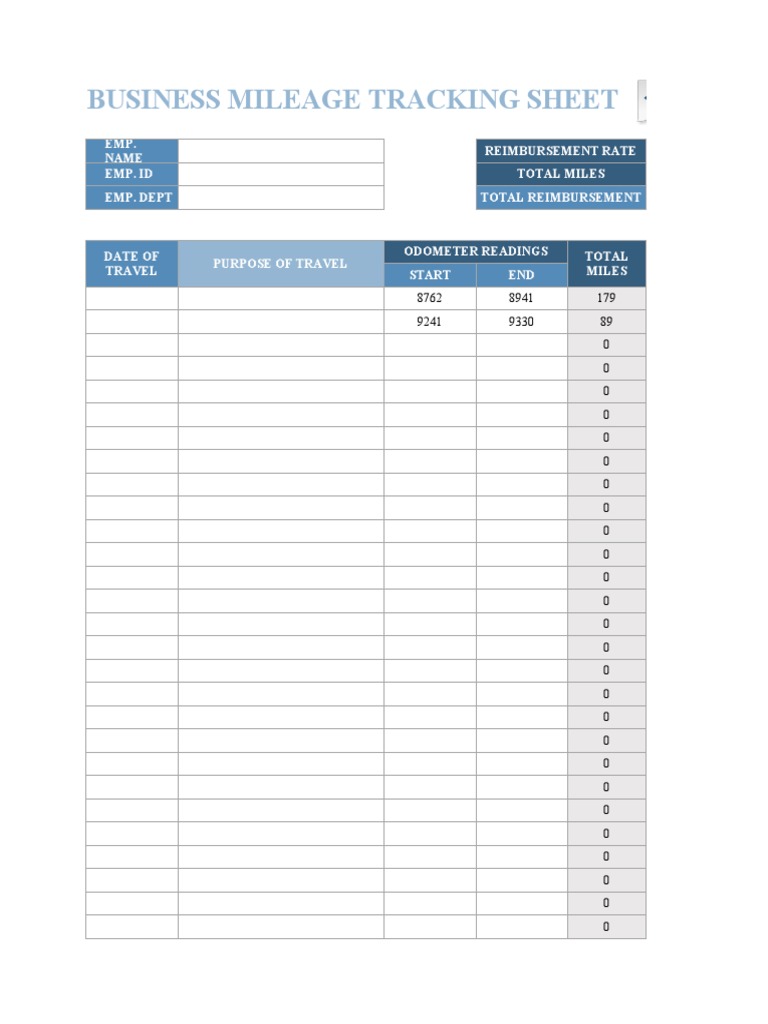 Business Mileage Tracking Sheet: Reimbursement Rate Emp. Id Total Miles ...