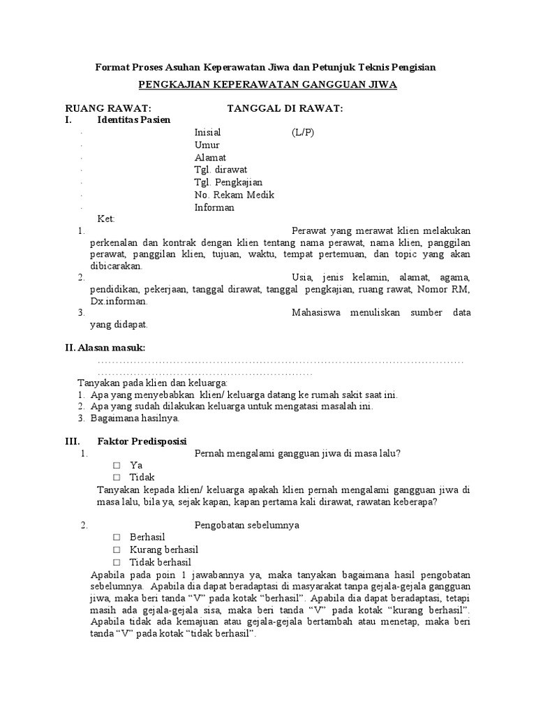 Format Proses Asuhan Keperawatan Jiwa Dan Petunjuk Teknis Pengisian | PDF