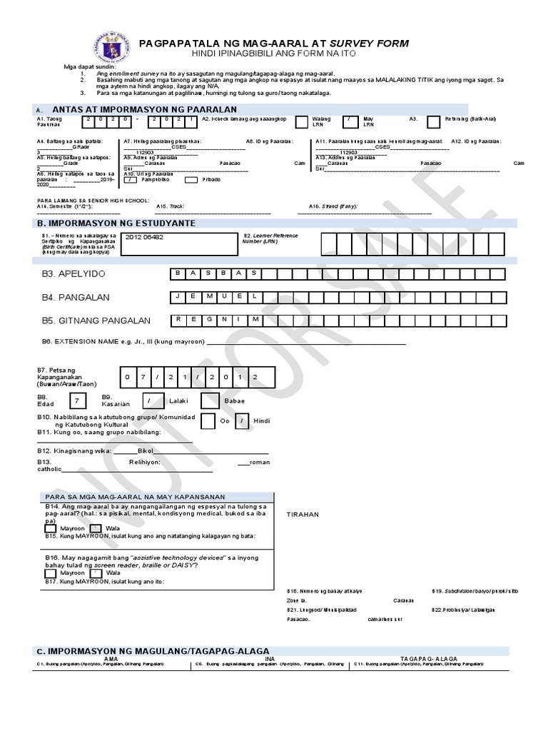 Learner Enrollment and Survey Form Filipino | PDF