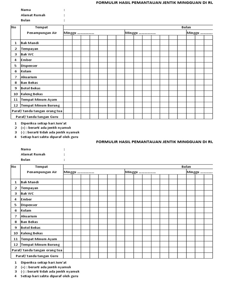 Pemantauan Jentik Nyamuk Mingguan | PDF | Memasak, Makanan, & Anggur