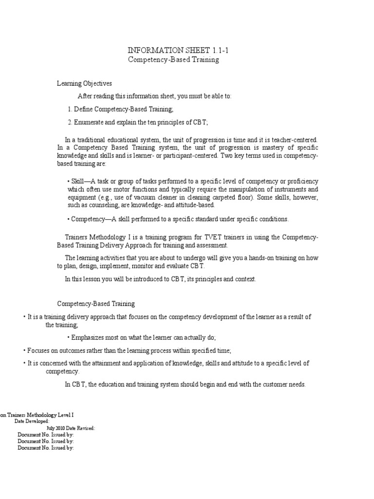 Information Sheet 1.1-1 Competency-Based Training: July 2010 | PDF ...