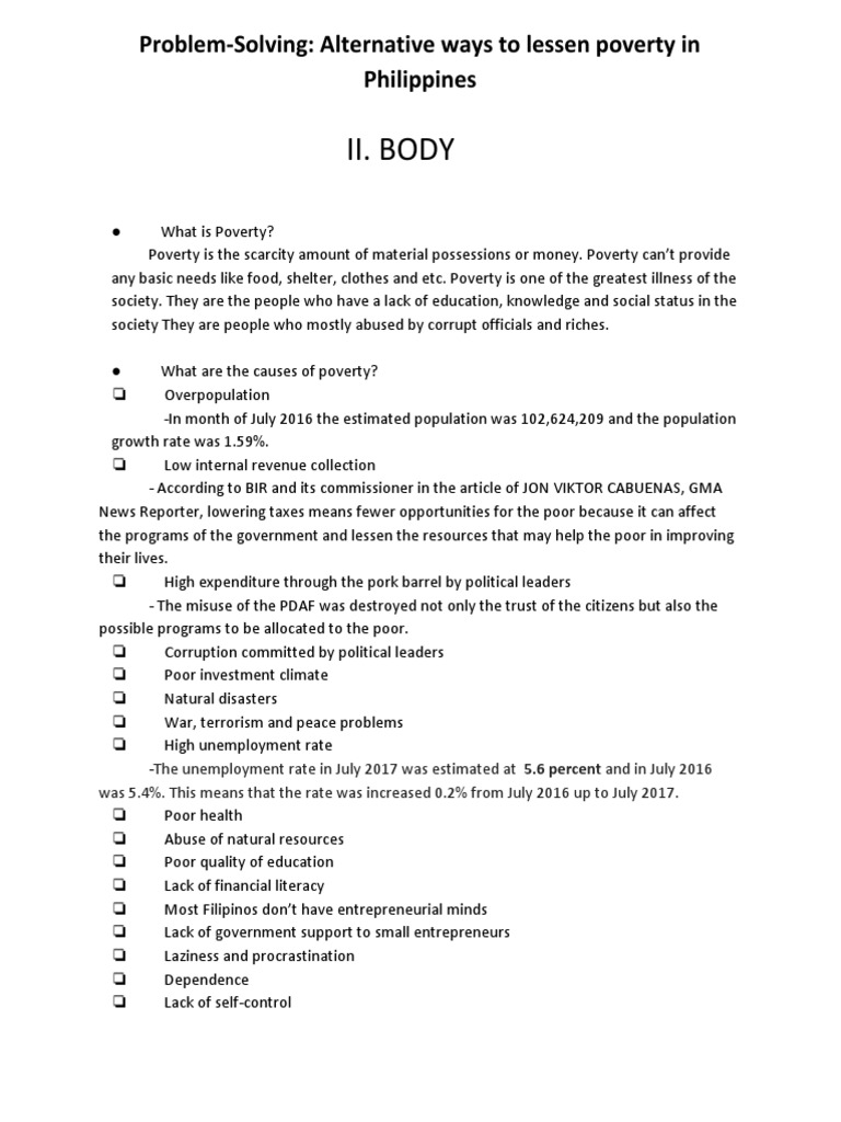 Ii. Body: Problem-Solving: Alternative Ways To Lessen Poverty in ...