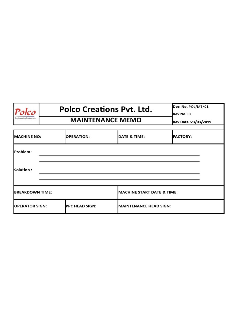 Polco Creations Pvt. LTD.: Maintenance Memo | PDF