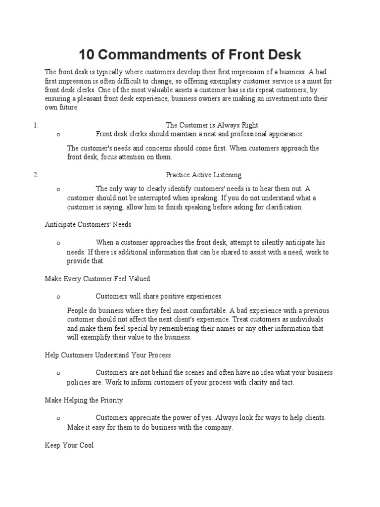 The 10 Commandments of Excellent Front Desk Service | PDF | Retail ...