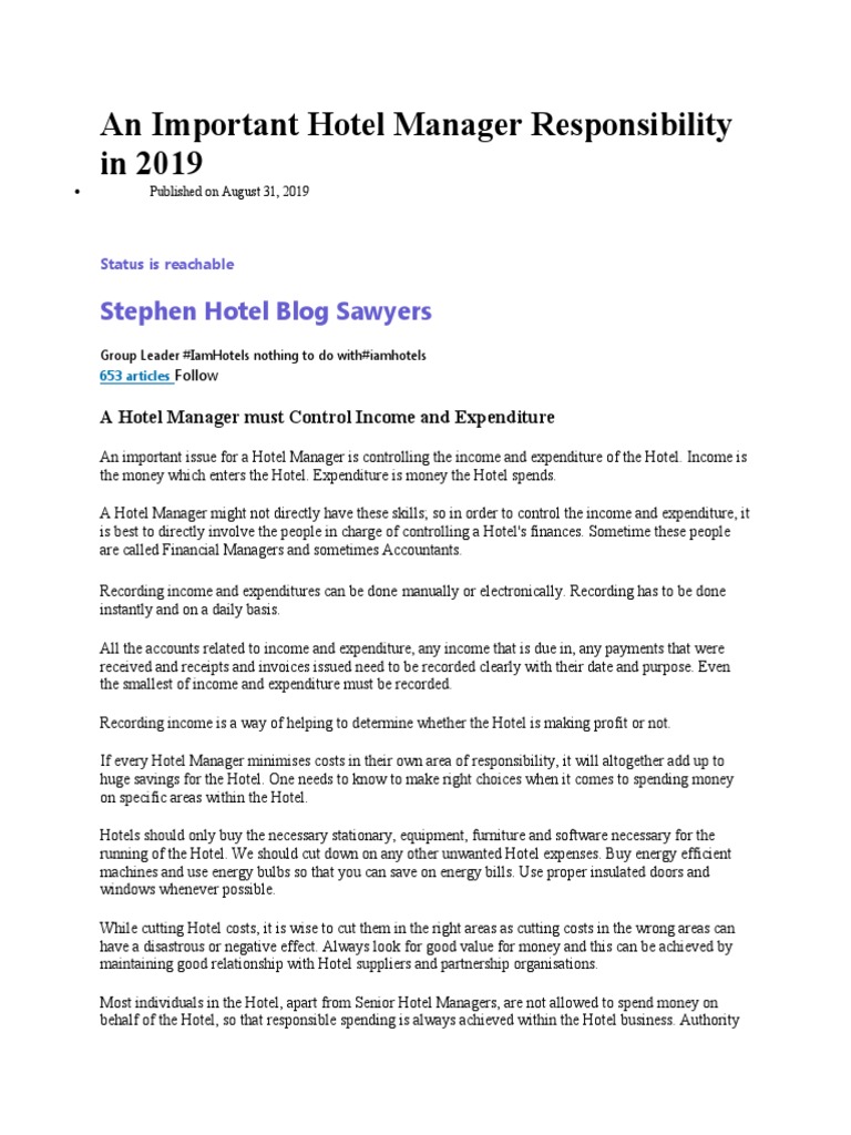 An Important Hotel Manager Responsibility in 2019 | PDF | Expense | Income