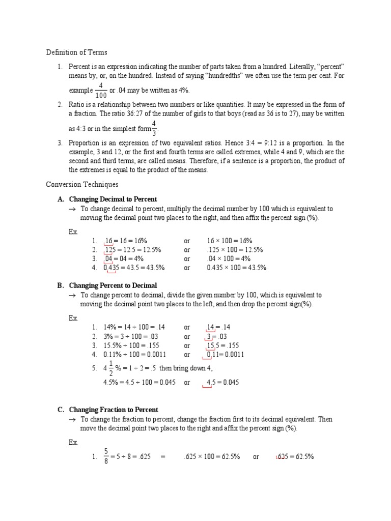 Definition Of Terms A Changing Decimal To Percent PDF Percentage