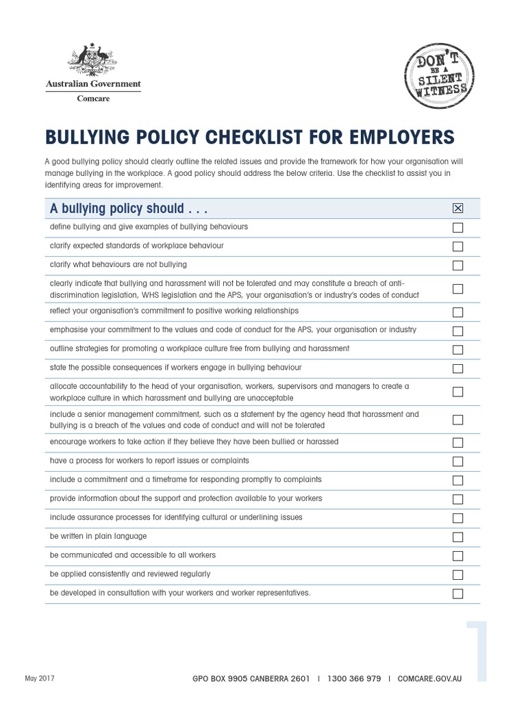 Bullying Policy Checklist For Employers: Don'T | PDF | Bullying ...