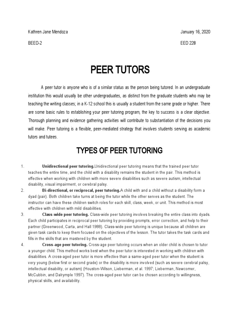 Peer Tutors: Types of Peer Tutoring | Download Free PDF | Tutor | Disability