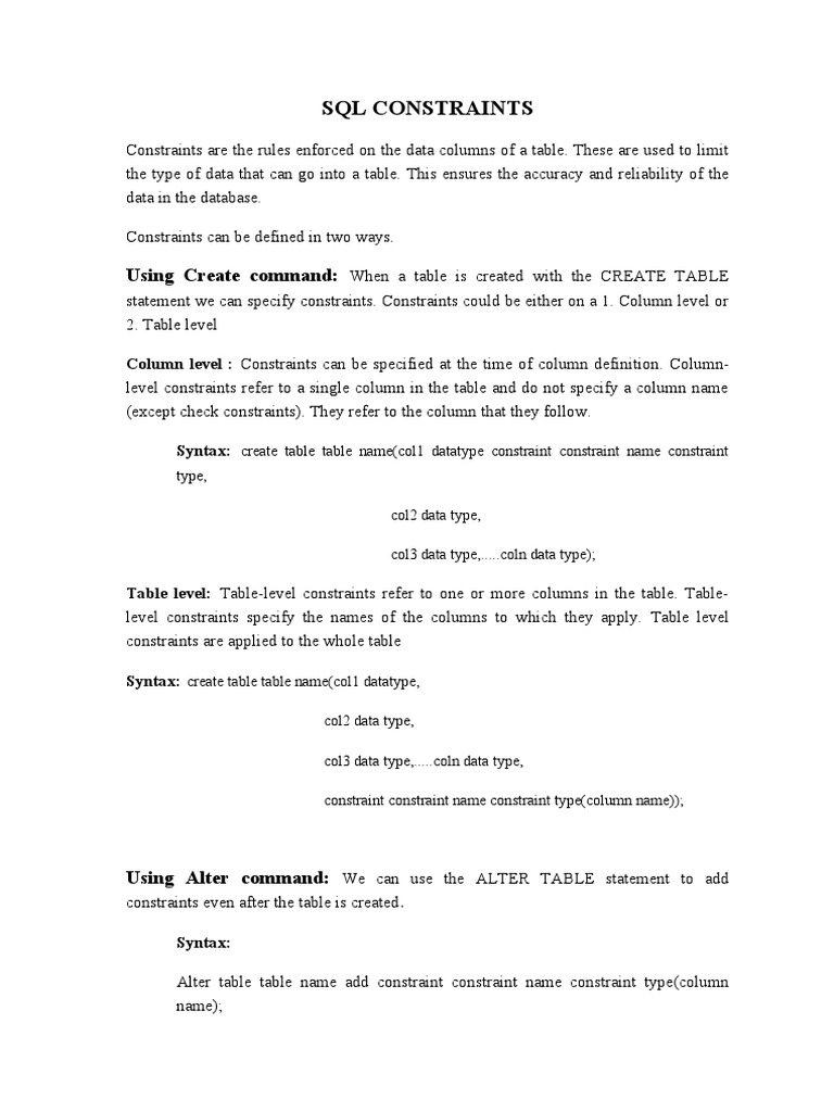 Sql Constraints Using Create Command Pdf Relational Database Table Database