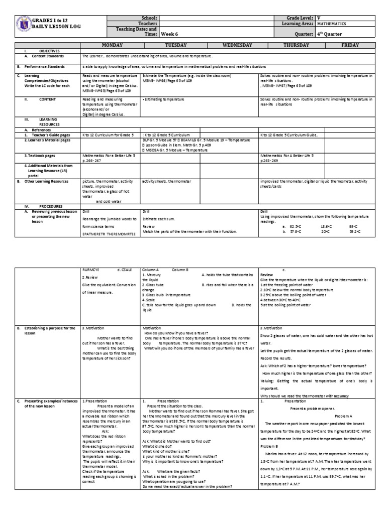Grade 5 DLL MATH 5 Q4 Week 6 | PDF | Thermometer | Temperature