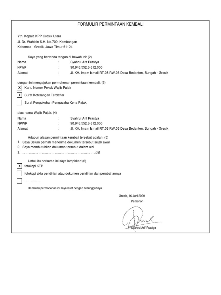Formulir Permintaan NPWP Dan SKT Kembali PDF | PDF